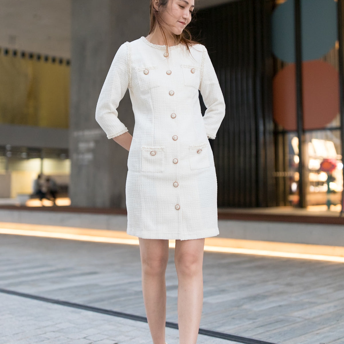 Gemma trimmed white tweed dress – rdm studio
